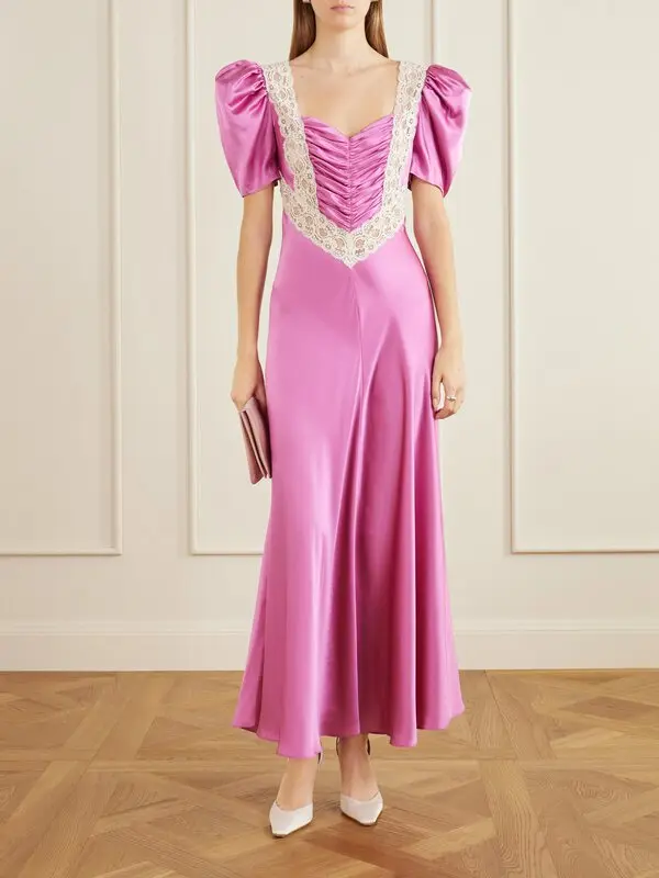 RODARTE Ruched Embroidered Lace-trimmed Silk-twill Maxi Dress