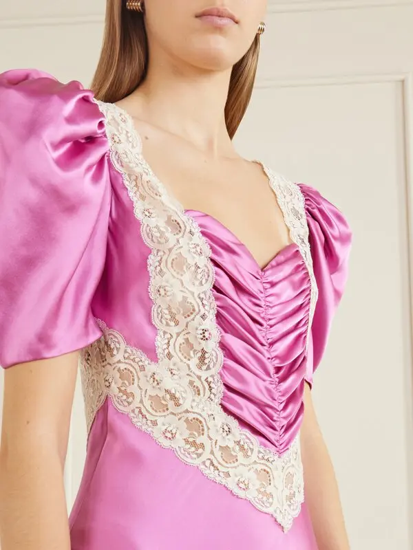 RODARTE Ruched Embroidered Lace-trimmed Silk-twill Maxi Dress