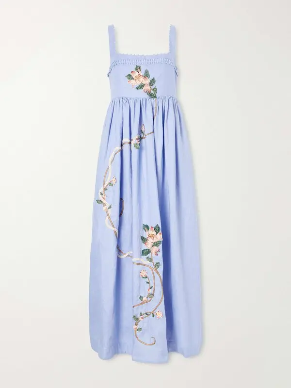 Agua Bendita Barbara Navegante Embellished Appliquéd Linen Maxi Dress - Blue