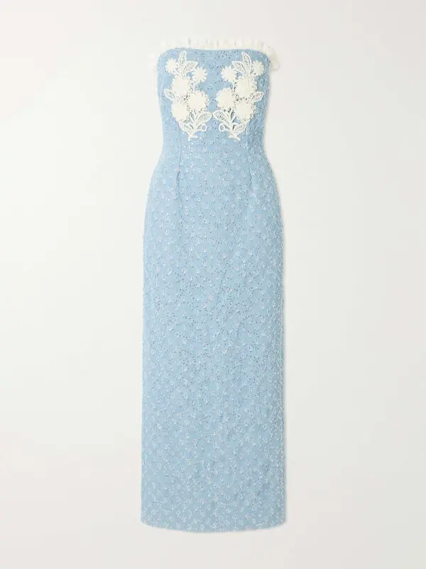 RODARTE Appliquéd Sequin-embellished Lace-trimmed Denim Midi Dress - Blue