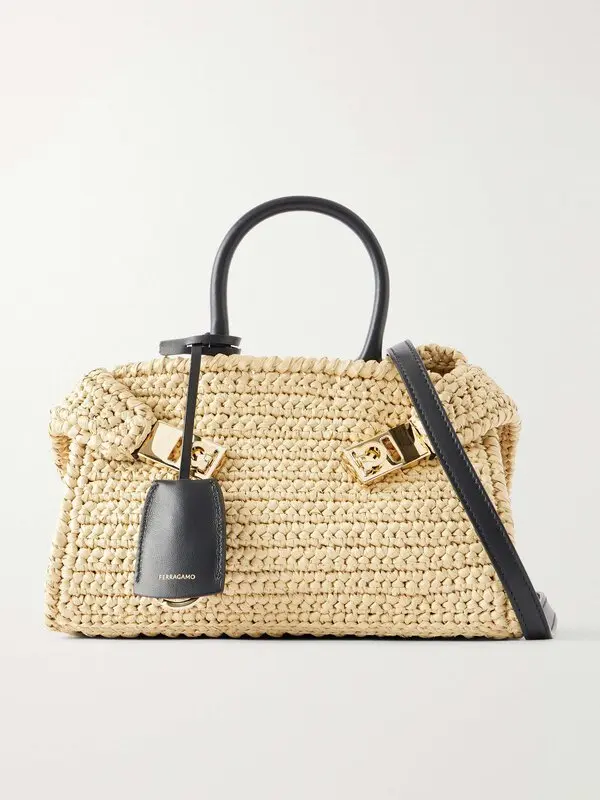 FERRAGAMO Hug Leather-trimmed Raffia Mini Shoulder Bag - Neutral