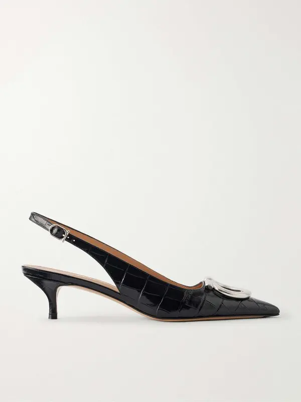 FERRAGAMO Sara 40 Embellished Croc-effect Leather Slingback Pumps - Black