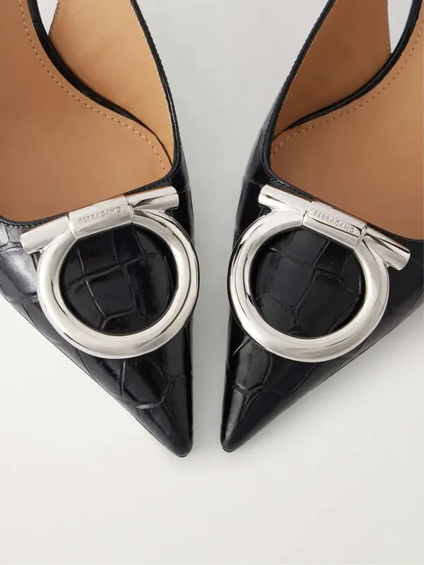 FERRAGAMO Sara 40 Embellished Croc-effect Leather Slingback Pumps