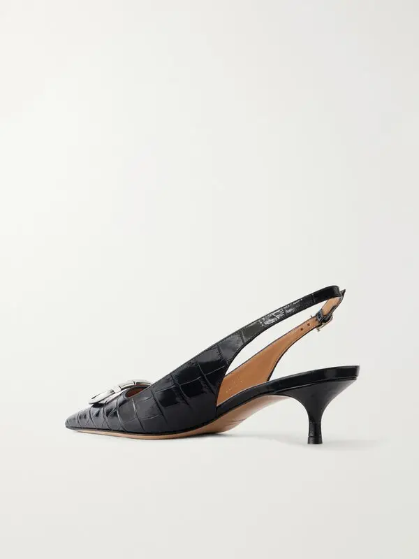 FERRAGAMO Sara 40 Embellished Croc-effect Leather Slingback Pumps