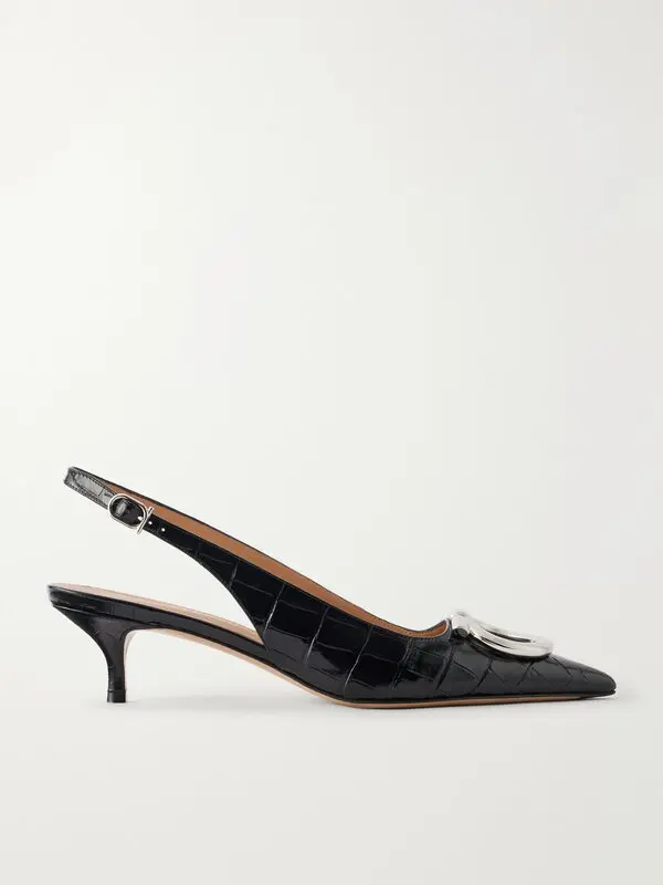 FERRAGAMO Sara 40 Embellished Croc-effect Leather Slingback Pumps - Black