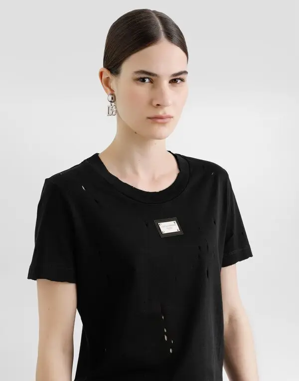 Dolce & Gabbana Distressed Jersey T-shirt With Logo Tag