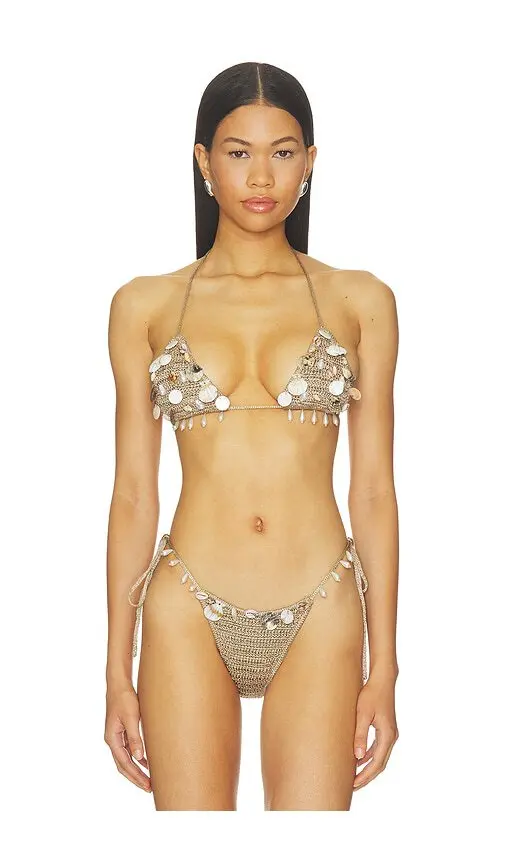JADED LONDON Anatase Crochet With Hanging Shells Bikini Top - Beige