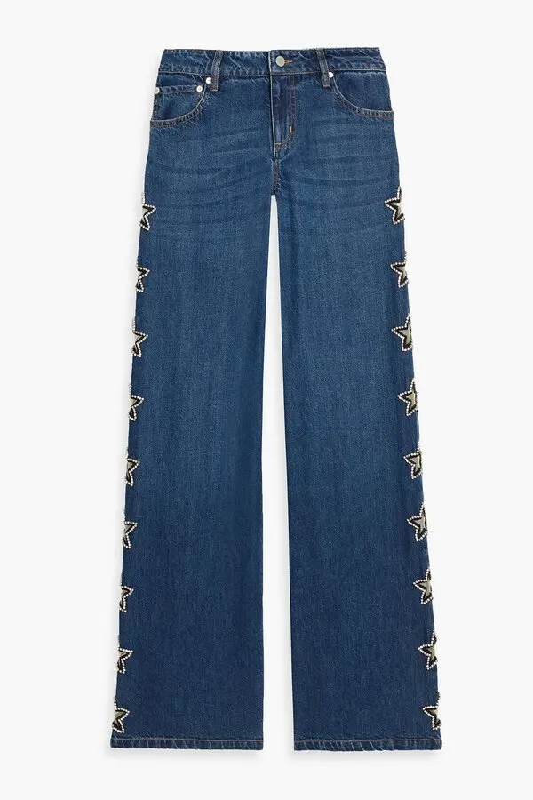 Alice + Olivia Alice Olivia Amazing Crystalembellished Lowrise Wideleg Jeans - Dark Denim