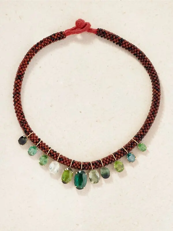 Marisa Klass 18-karat Yellow Gold, Tourmaline And Tiger's Eye Necklace - Green