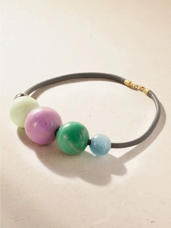 Marisa Klass 18-karat Gold, Emerald, Chrysoprase, Phosphosiderite, Aquamarine And Leather Necklace - Multi