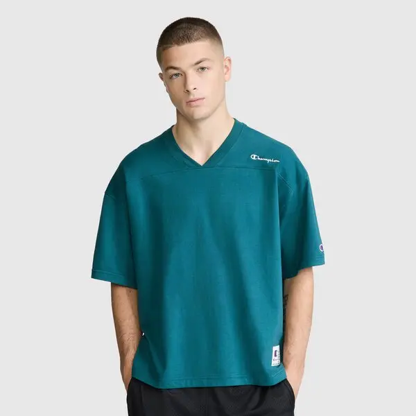 Champion Short Sleeve Boxy T-shirt, Embroidered Script Logo - Deep Teal