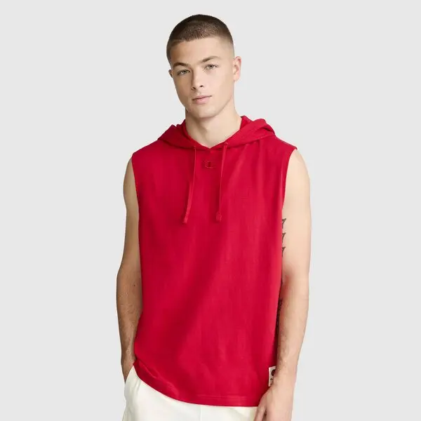 Champion Jersey Sleeveless Hoodie, C Logo - Tango Red
