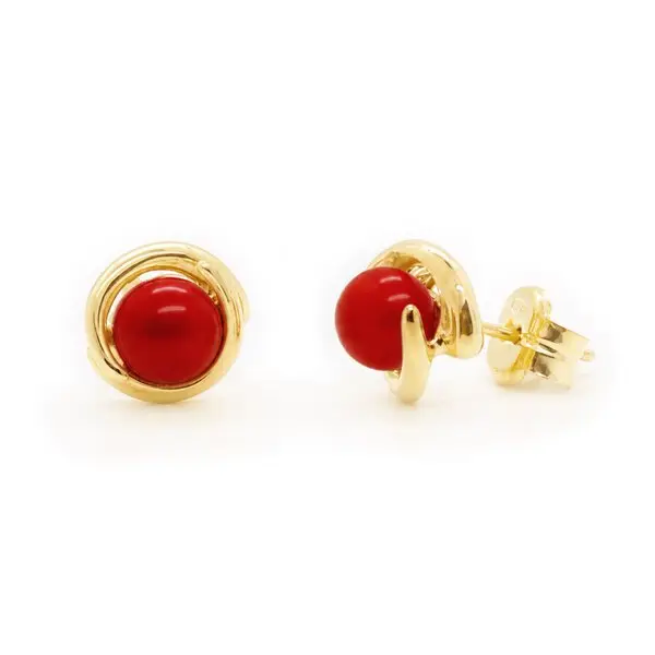 UNALOE Gold / Red Natural Red Coral Stud Earrings In Gold Plated Sterling Silver – Handmade Italian Jewelry For - Gold/red