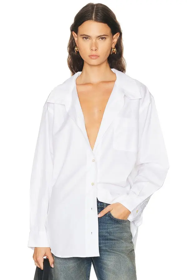 R13 Tall Collar Boyfriend Button Up Shirt - White