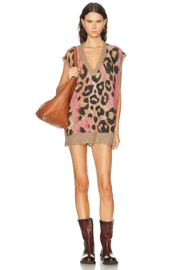 R13 Oversized Sweater Vest Dress In Pink - Pink Leopard