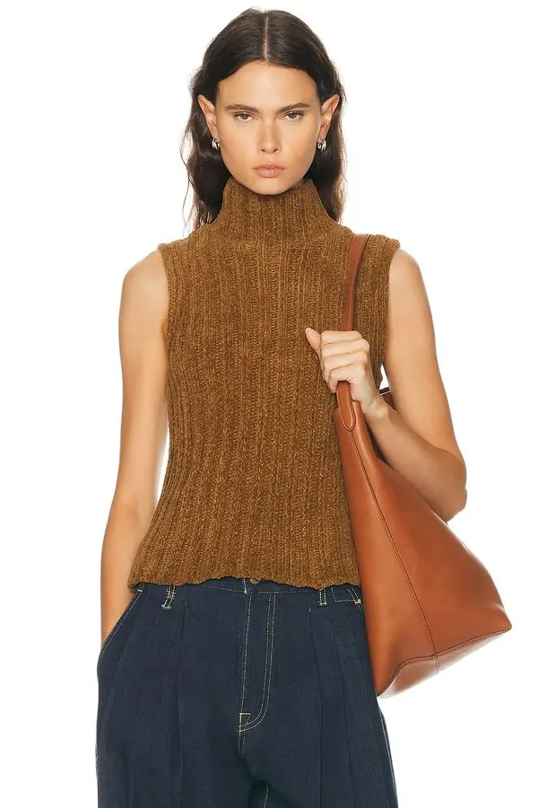 R13 Ribbed Sleeveless Turtleneck Sweater In Brown - Dark Khaki