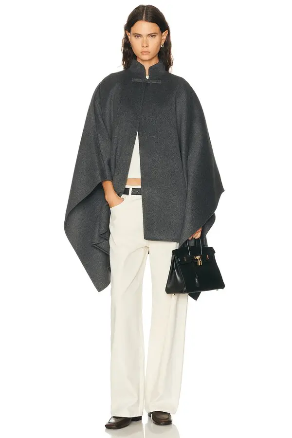 RÓHE Double Faced Wool Pankou Closure Poncho In Grey - Dark Grey Melange