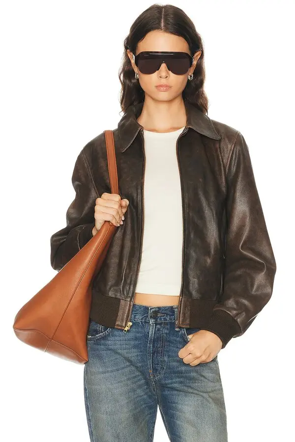 R13 Boyfriend Leather Bomber Jacket - Brown