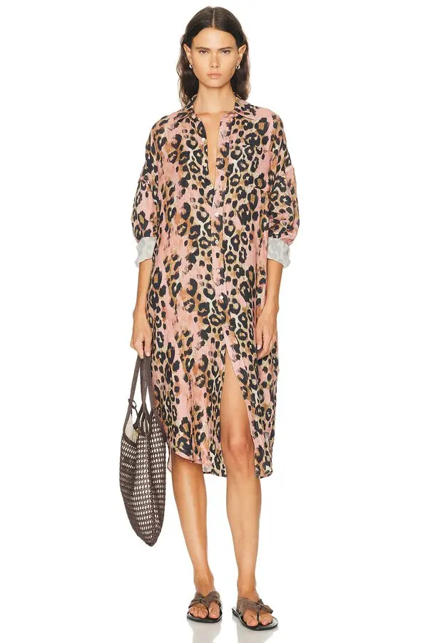 R13 Jumbo Shirt Dress In Pink - Pink Leopard