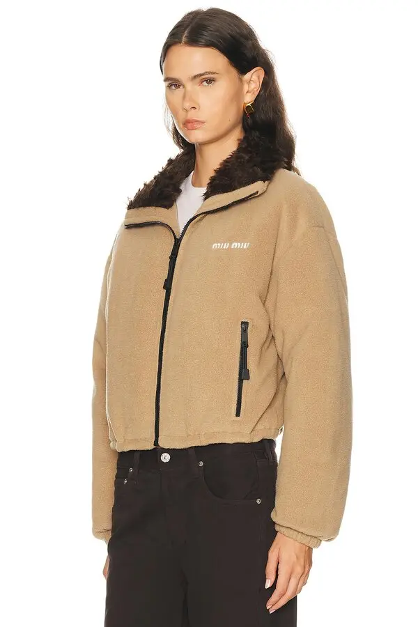 Miu Miu Cropped Fleece Jacket With Down Padding - Cammello