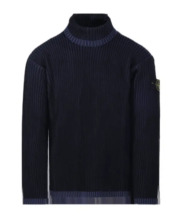 Stone Island Logo Patch Roll Neck Ribbed Jumper - Blue