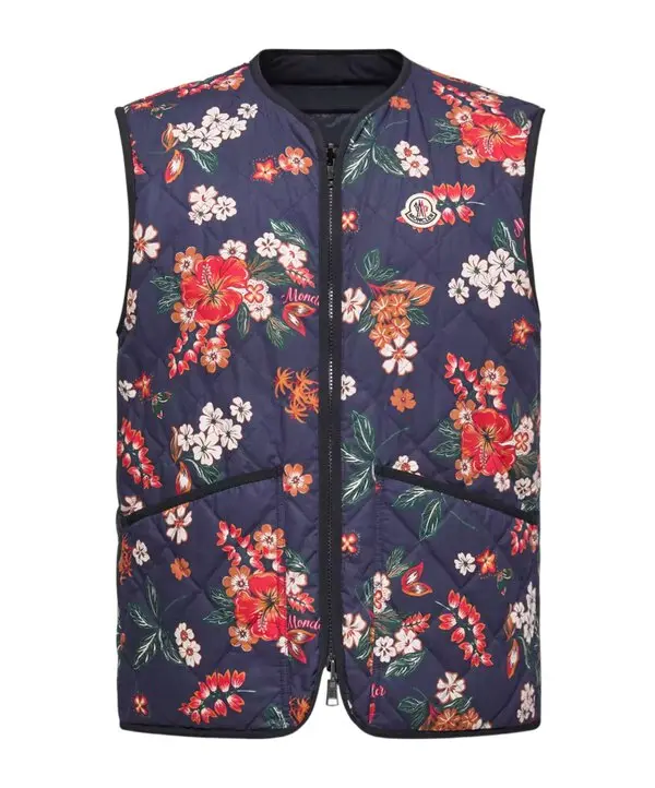 Moncler Franqui Reversible Floral Down Vest - Navy Blue
