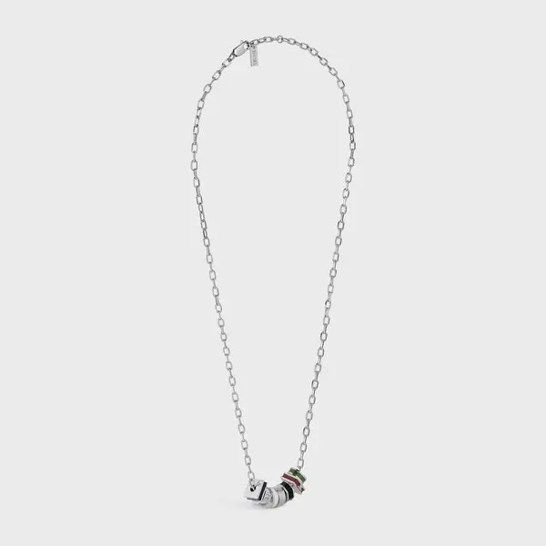 Celine Enamel And Strass Bolt Necklace In Rhodium-plated Brass