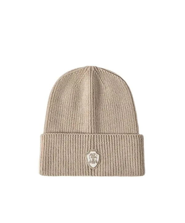 Brunello Cucinelli Cashmere English Rib-knit Beanie With Patch-logo - Sand