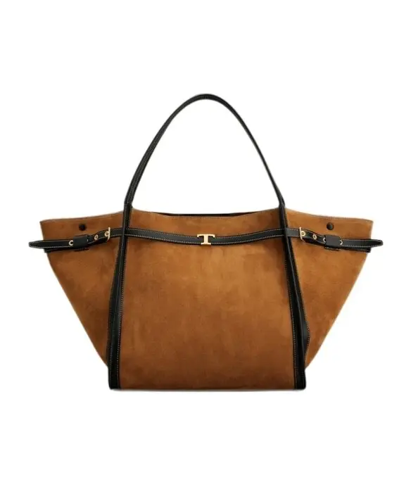 TOD'S T Signature Shopping Bag In Suede Medium - Brown