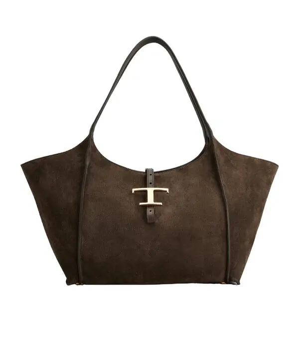 TOD'S Small T-timeless Suede Tote Bag - Brown
