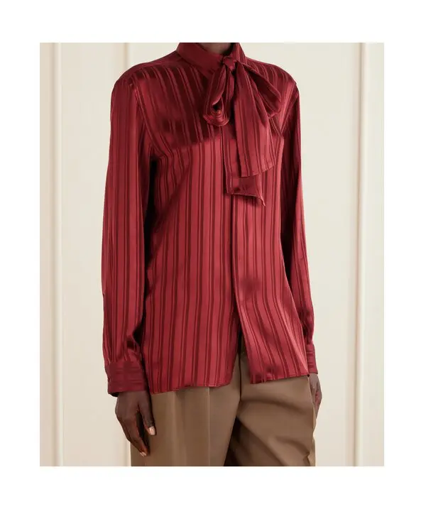 Saint Laurent Cassandre Lavallière Striped Blouse - Bordeaux
