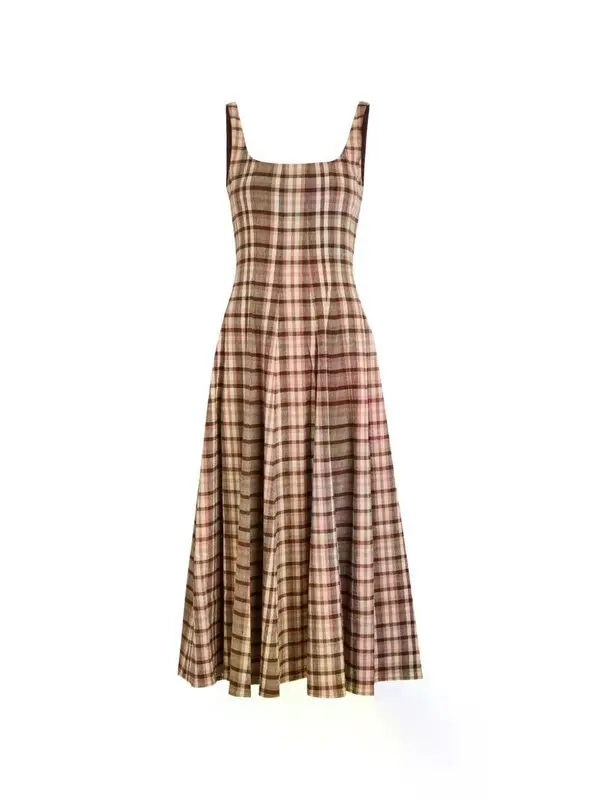 Staud Wells Plaid Sleeveless Midi Dress - Brown