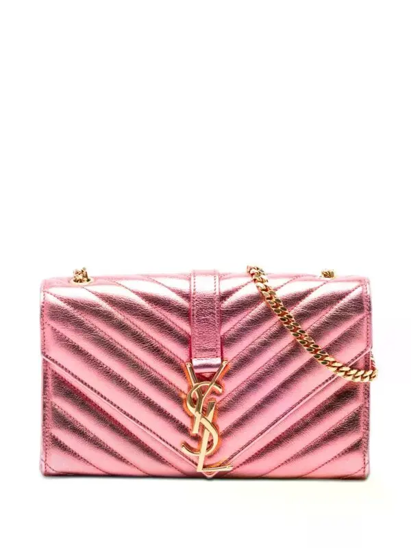 Saint Laurent 2015 Small Chevron Metallic Calfskin Monogram Envelope Bag Crossbody Bag - Pink