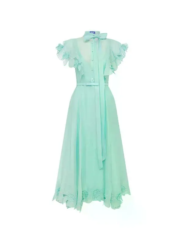 LEO LIN Elsie Appliqué Flutter-sleeve Maxi Dress - Blue