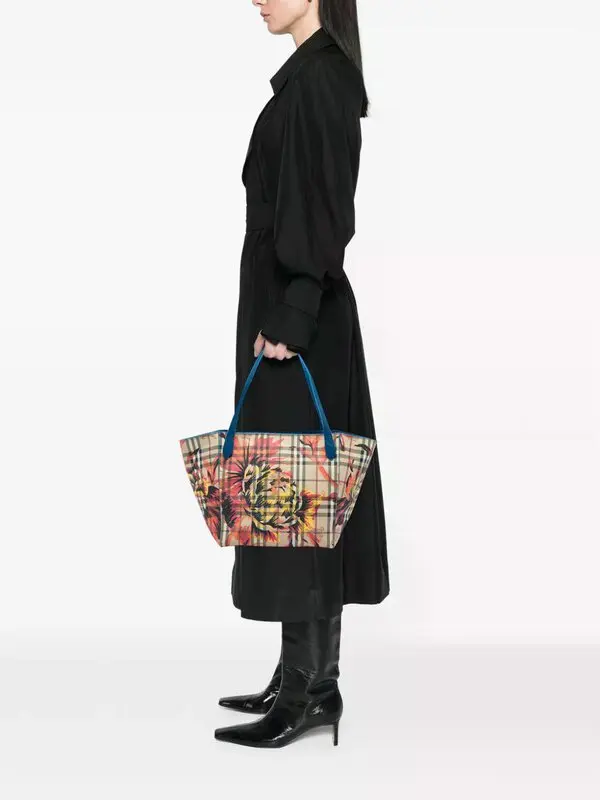 Burberry 2000-2017 Small Haymarket Check Coated Canvas Floral Print Canterbury Tote Bag - Neutrals