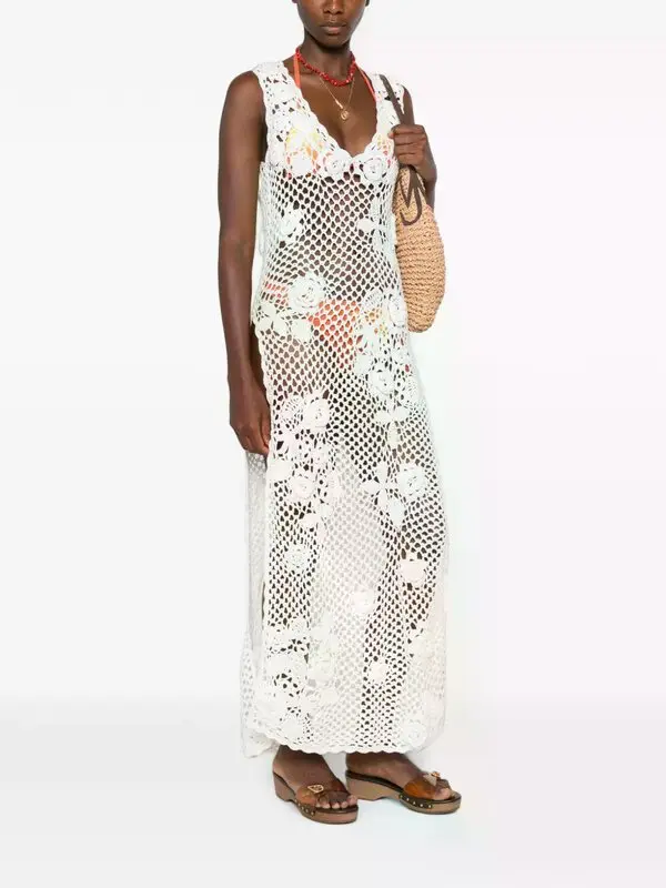 GANNI Crochet Knit Maxi Dress With Floral Appliqu - White