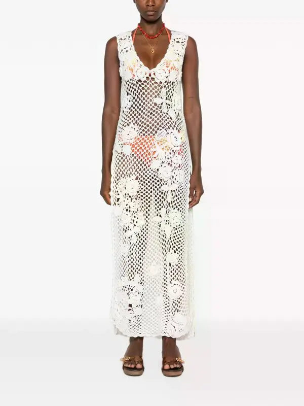 GANNI Crochet Knit Maxi Dress With Floral Appliqu - White