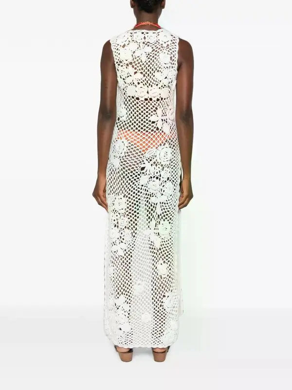 GANNI Crochet Knit Maxi Dress With Floral Appliqu - White