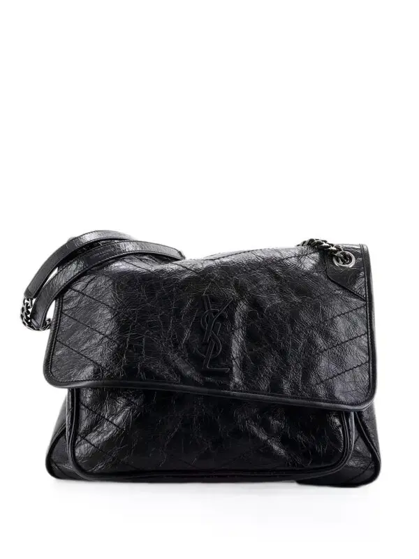 Saint Laurent Niki Chain Flap Bag Matelasse Chevron Leather Large Shoulder Bag - Black