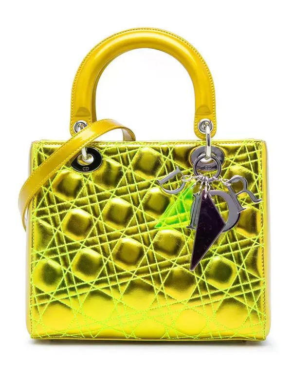 Dior 2011 Anselm Reyle Medium Metallic Lambskin Cannage Lady Satchel - Yellow