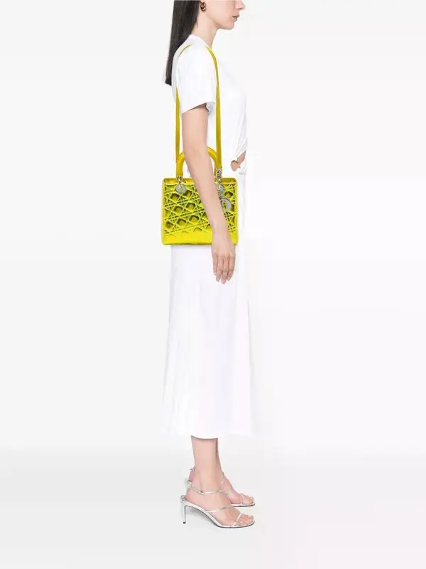 Dior Medium Metallic Lambskin Cannage Lady Satchel - Yellow
