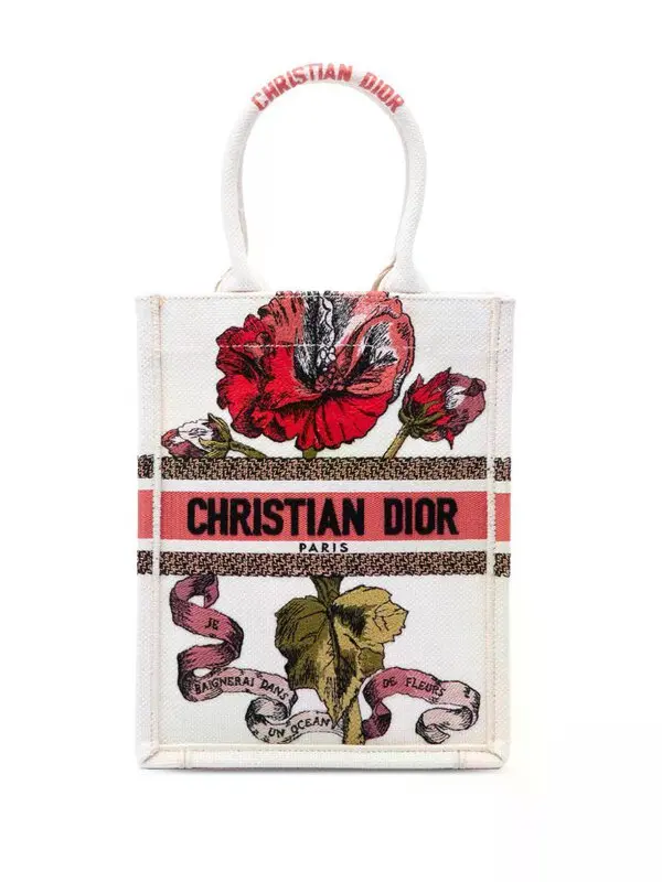 Dior 2020 Embroidered Canvas Fleurs Bibliques Vertical Book Tote Bag - Brown