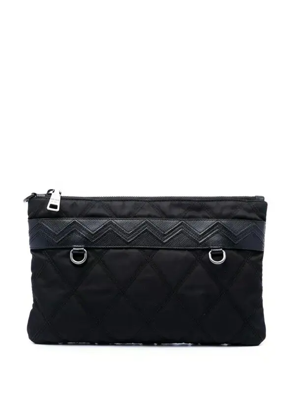 Prada 2013-2026 Saffiano Trimmed Tessuto Impunturato Clutch Bag - Black