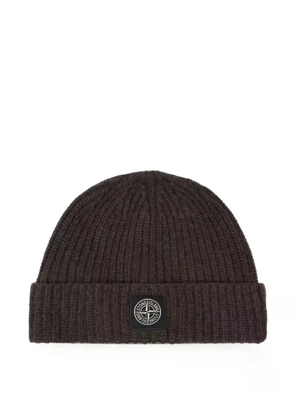 Stone Island Logo-patch Ribbed-knit Beanie Hat - Brown