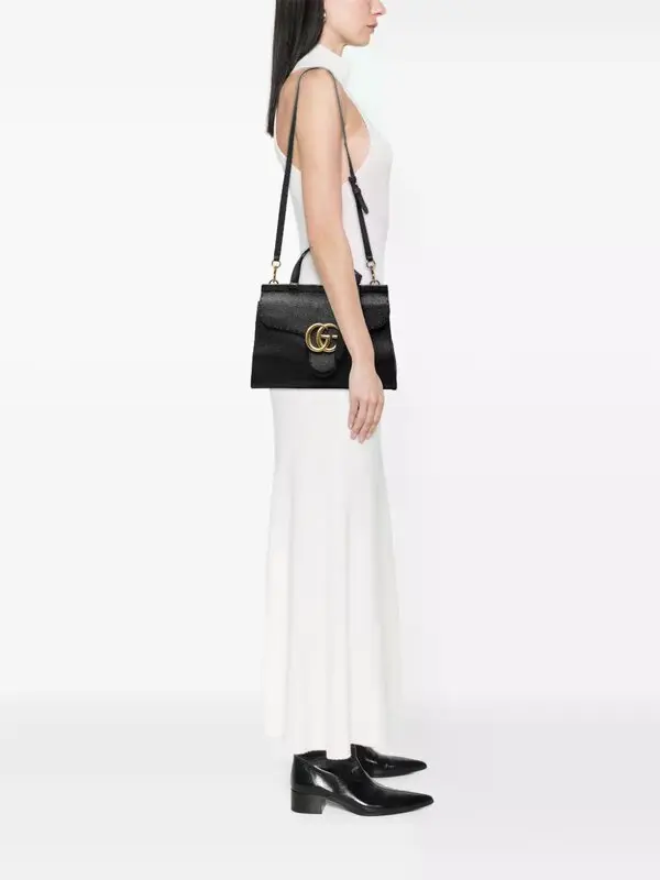 Gucci Small Gg Marmont Grained Calfskin Top Handle Satchel - Black