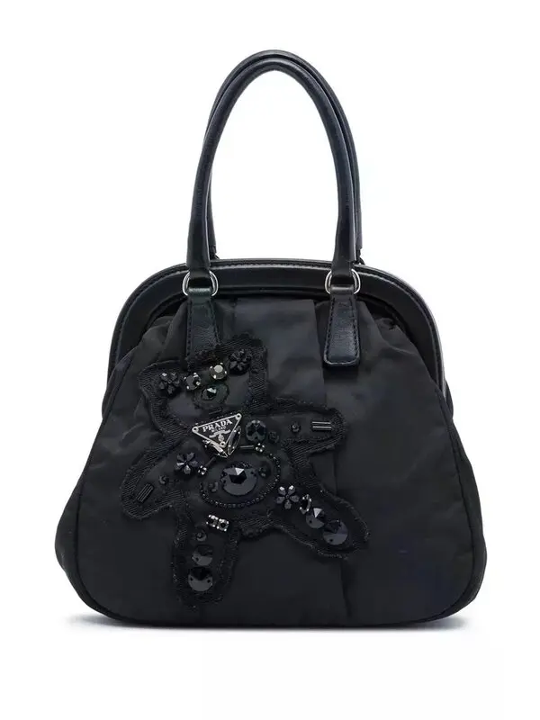 Prada 2000-2013 Beaded Tessuto Evening Bear Frame Handbag Shoulder Bag - Black