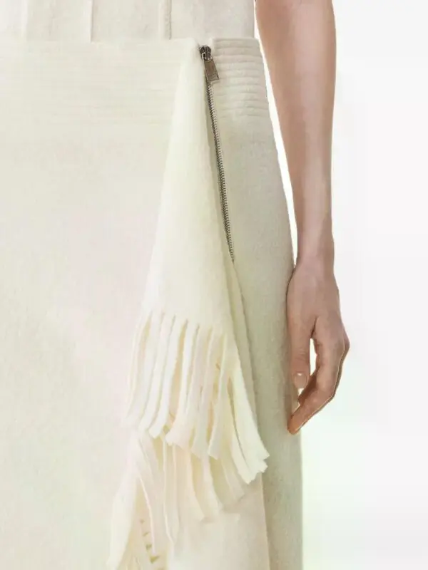 LANVIN Cotton Knit Fringed Asymmetrical Skirt - White
