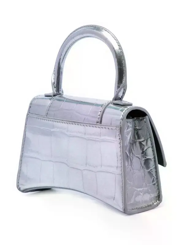 Balenciaga Mini Metallic Croc Embossed Calfskin Hourglass Top Handle Bag - Silver
