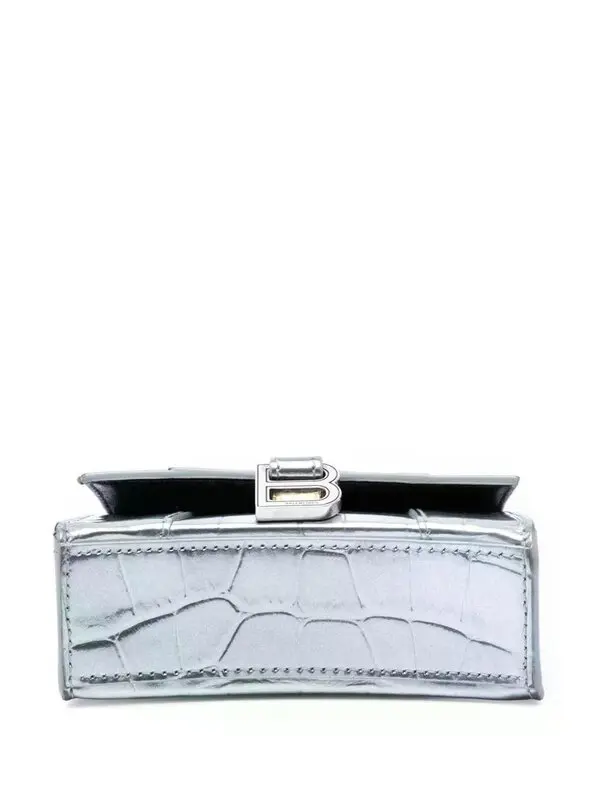 Balenciaga Mini Metallic Croc Embossed Calfskin Hourglass Top Handle Bag - Silver