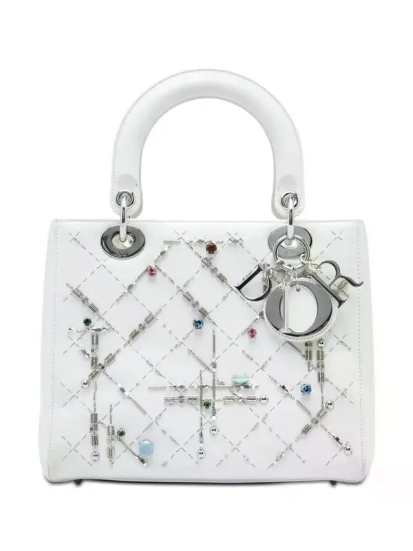 Dior 2016 Medium Calfskin Beads And Rhinestone Embellished Lady Satchel - White